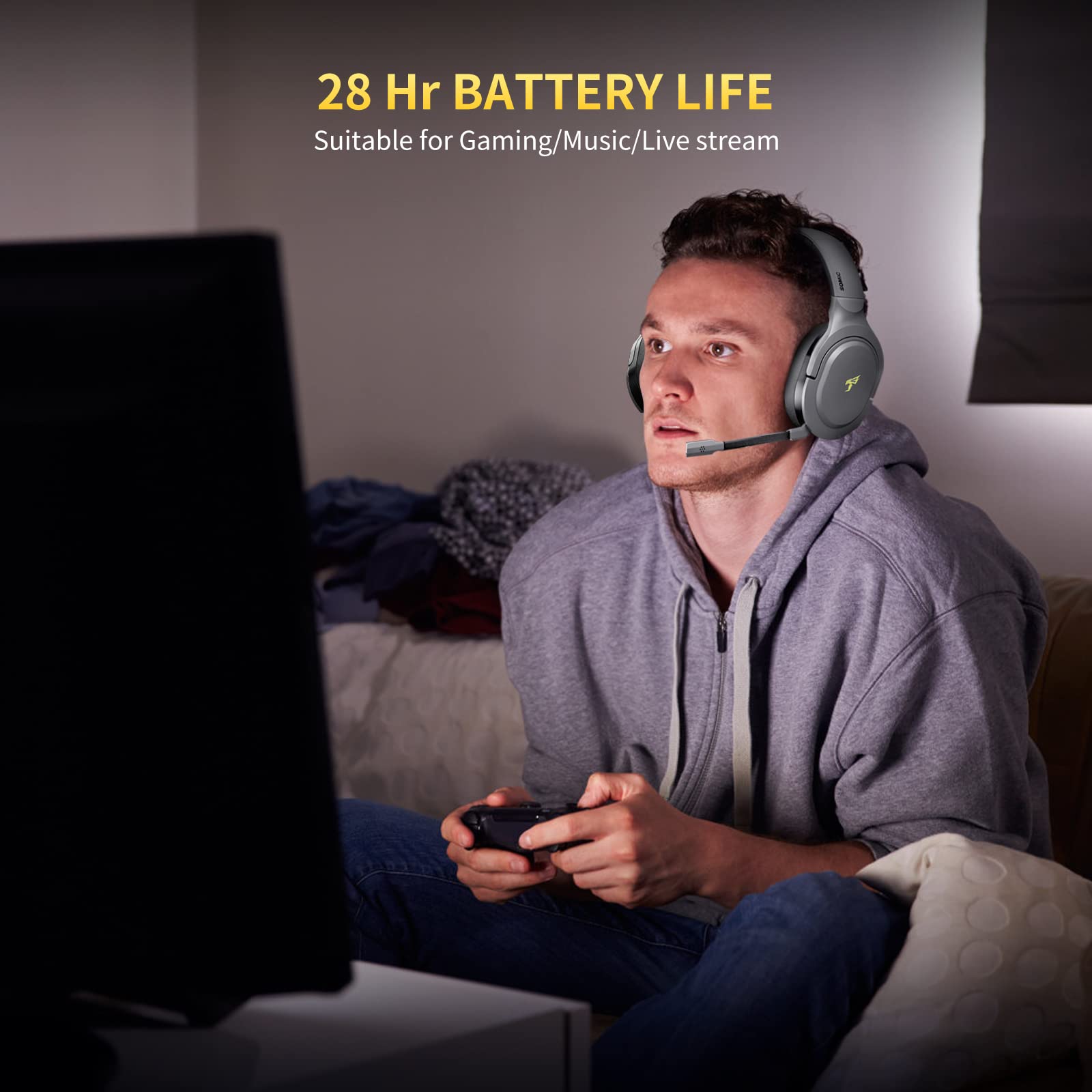 EASARS Wireless Gaming Headset, 2.4Ghz Gamer Headsets with Detachable Microphone, Portable Foldable Bluetooth Headphones Compatible with PC, PS5, PS4, Laptop, 28H Playtime (Grey)