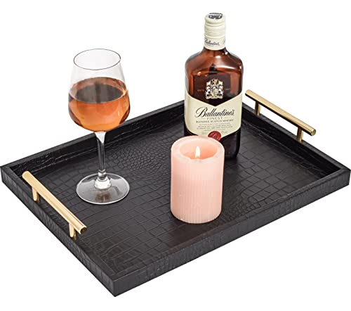 MACVAD Set of 2 Modern Elegant Large Wood Serving Tray, Black Crocodile Leather with Gold Polished Metal Handles, Rectangle Decorative Tray for Ottoman Coffee Table Living Room