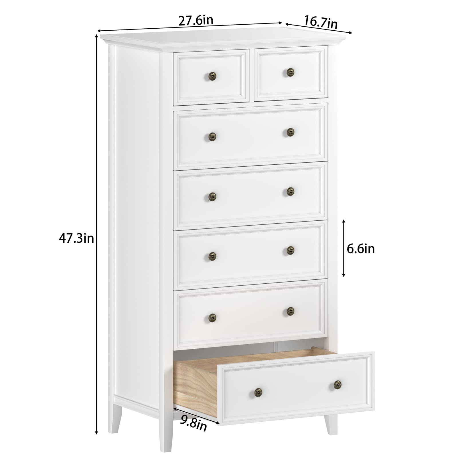 IKENO White 7 Drawer Tall Dresser, Tall Solid Wood Large Storage Cabinet, Modern Simple White Tall Chest of Drawer for Bedroom Living Room Hallway Entryway (White)