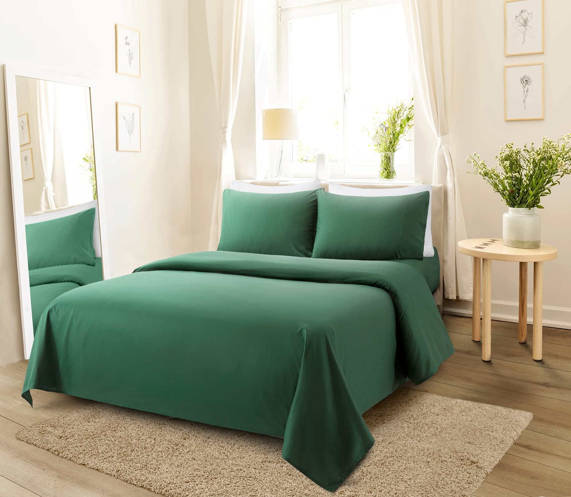 Entisn 4pcs 600 Thread Count 100% Cotton Sheets for Queen Size Bed, Dark Green Bedding Sheets & Pillowcases, Hotel Luxury Bed Sheet with Elasticized 16" Deep Pocket, Ultra-Soft & Silky Sateen Weave