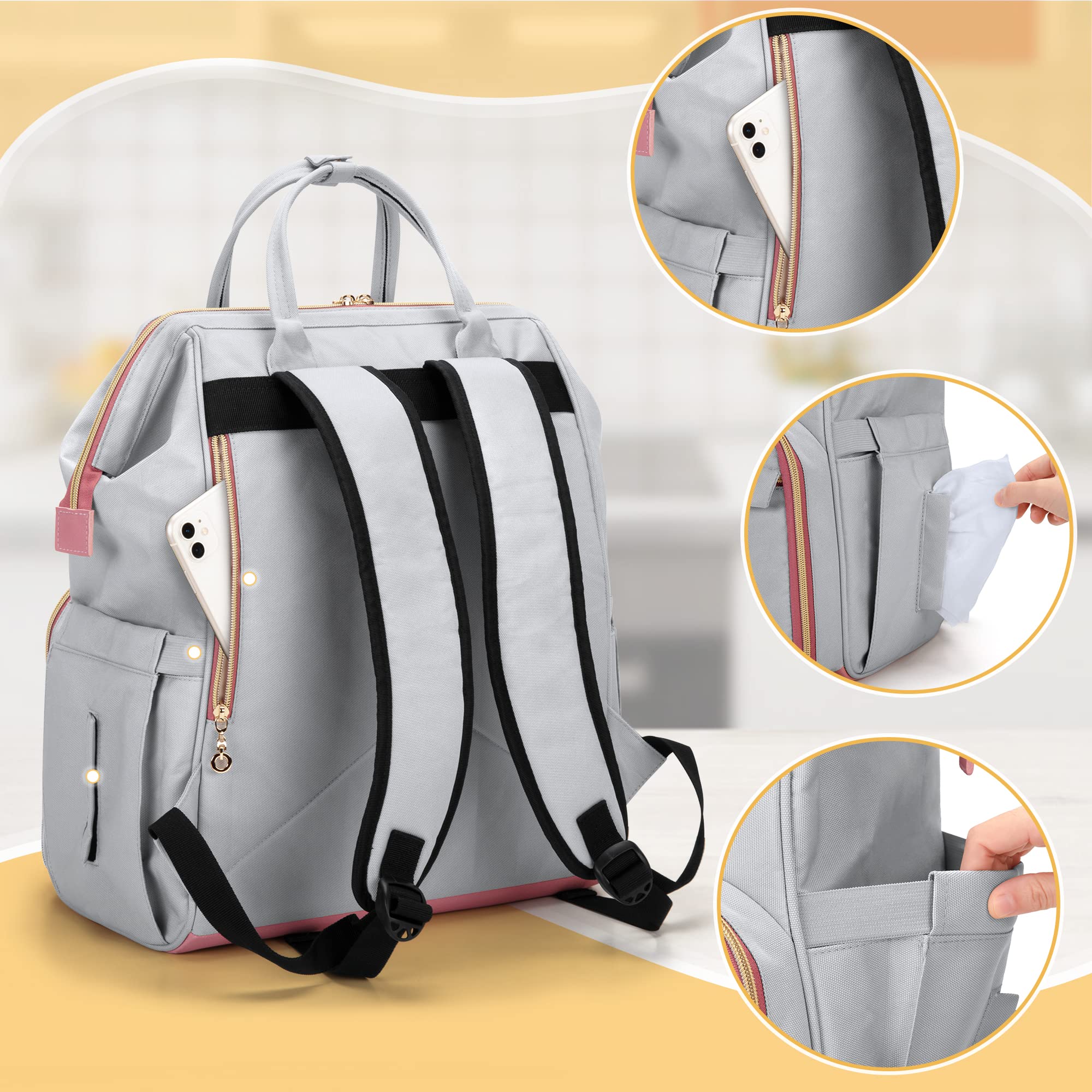 Fasrom Breast Pump Bag Backpack with Inner Divider, Pumping Tote Bag with Laptop Compartment for Working Moms, Gray with Pink (Empty Bag Only)