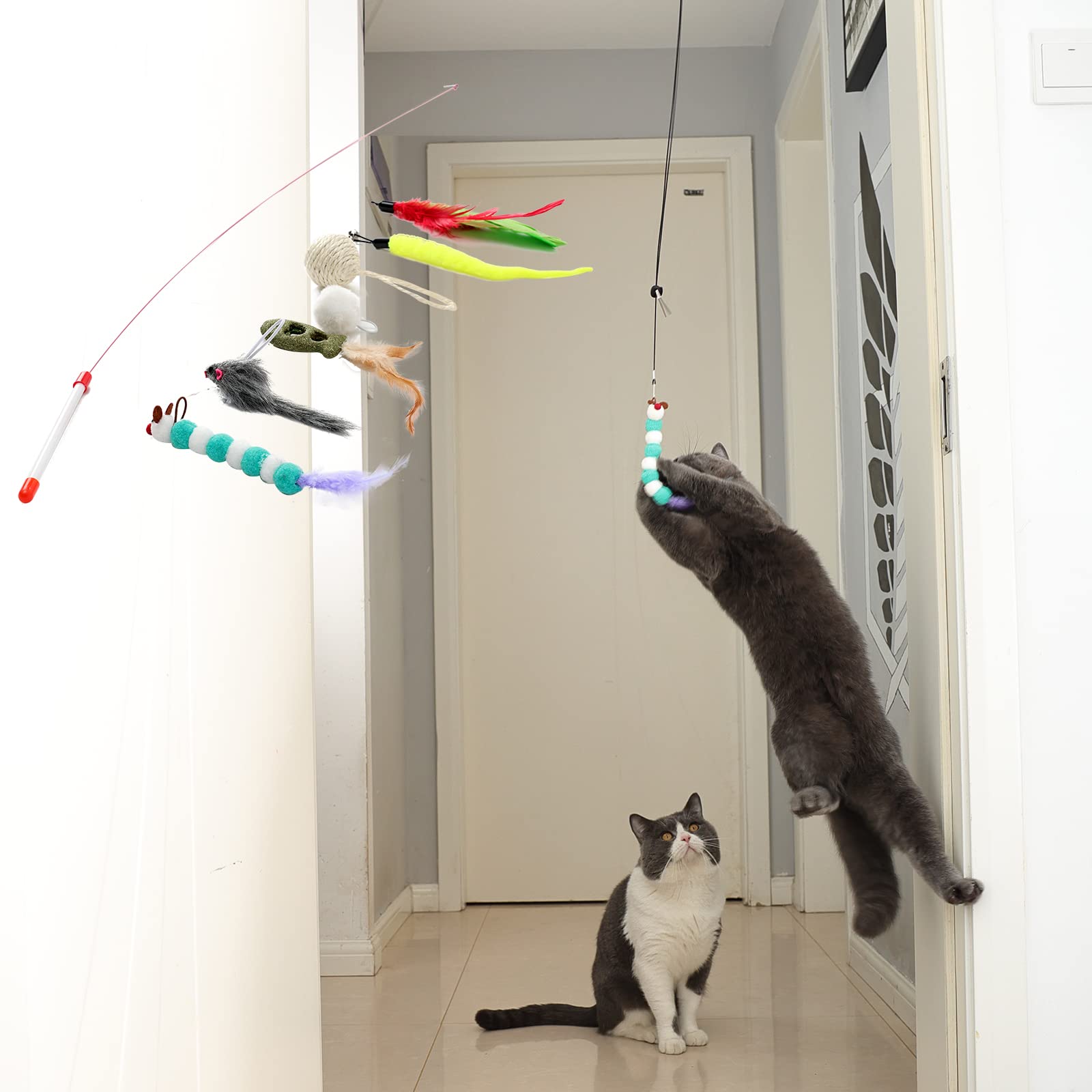 CZPET Cat Toys Kitten Jump Exercise Interactive Replaceable Elastic Automatic Toy Funny Cat Teaser Various Developmental Puzzle Toys Feather Mouse