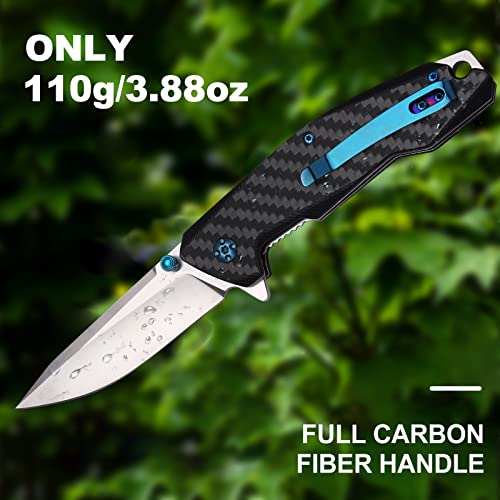 Folding Pocket Knife, Pocket Knives Carbon Fibers Handle, High Hardness D2 Blade With Clip and Liner Lock,Camping Knife for EDC, Fishing, Camping and Outdoor Activities-Good for Men Gift