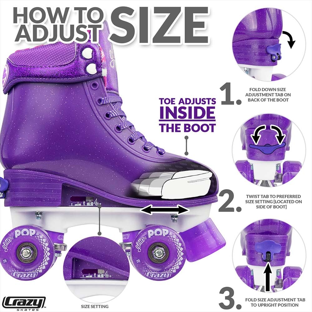 Crazy Skates Adjustable Roller Skates for Girls and Boys - Glitter Pop Collection - Size Adjustable to fit Four Sizes - Purple (Size: Small | j12-2)