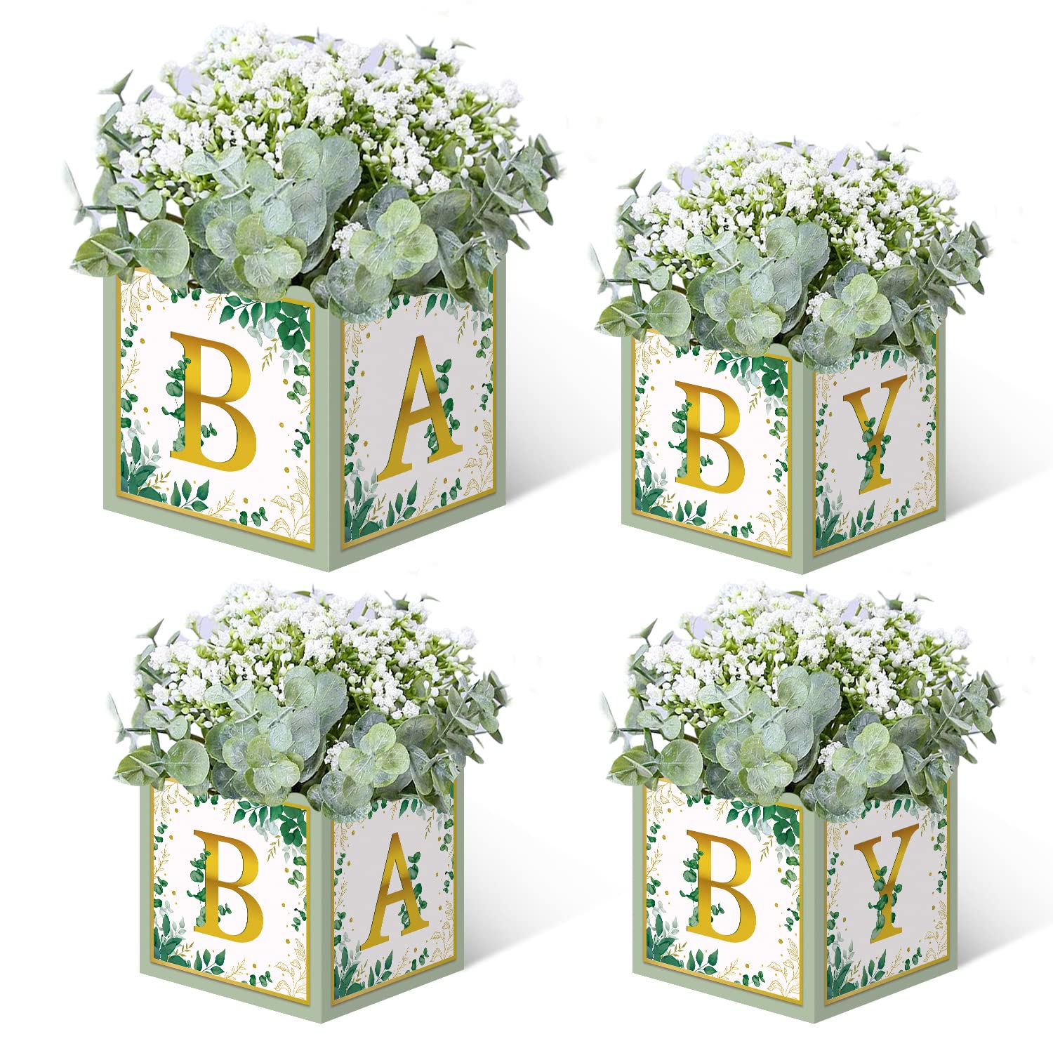 GOGOPARTY Sage Green Baby Shower Boxes, 4PCS Sage Green Gender Reveal Party Supplies Sage Green Party Centerpiece for Sage Green Baby Shower First Birthday Decorations (Without Flowers)