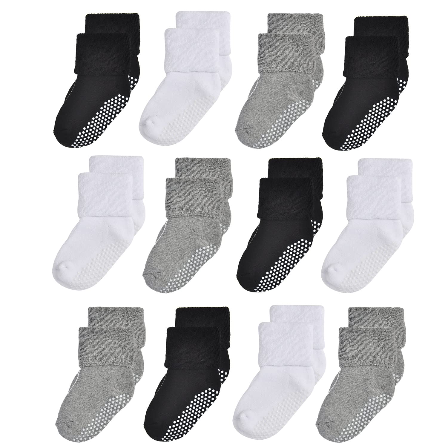 EPEIUS Baby Socks Toddler Non-slip Socks Thick Cotton Crew Socks with Grips Soft Warm Socks 2-4T Boys Girls Black White Blue 6 Pack (Size M)