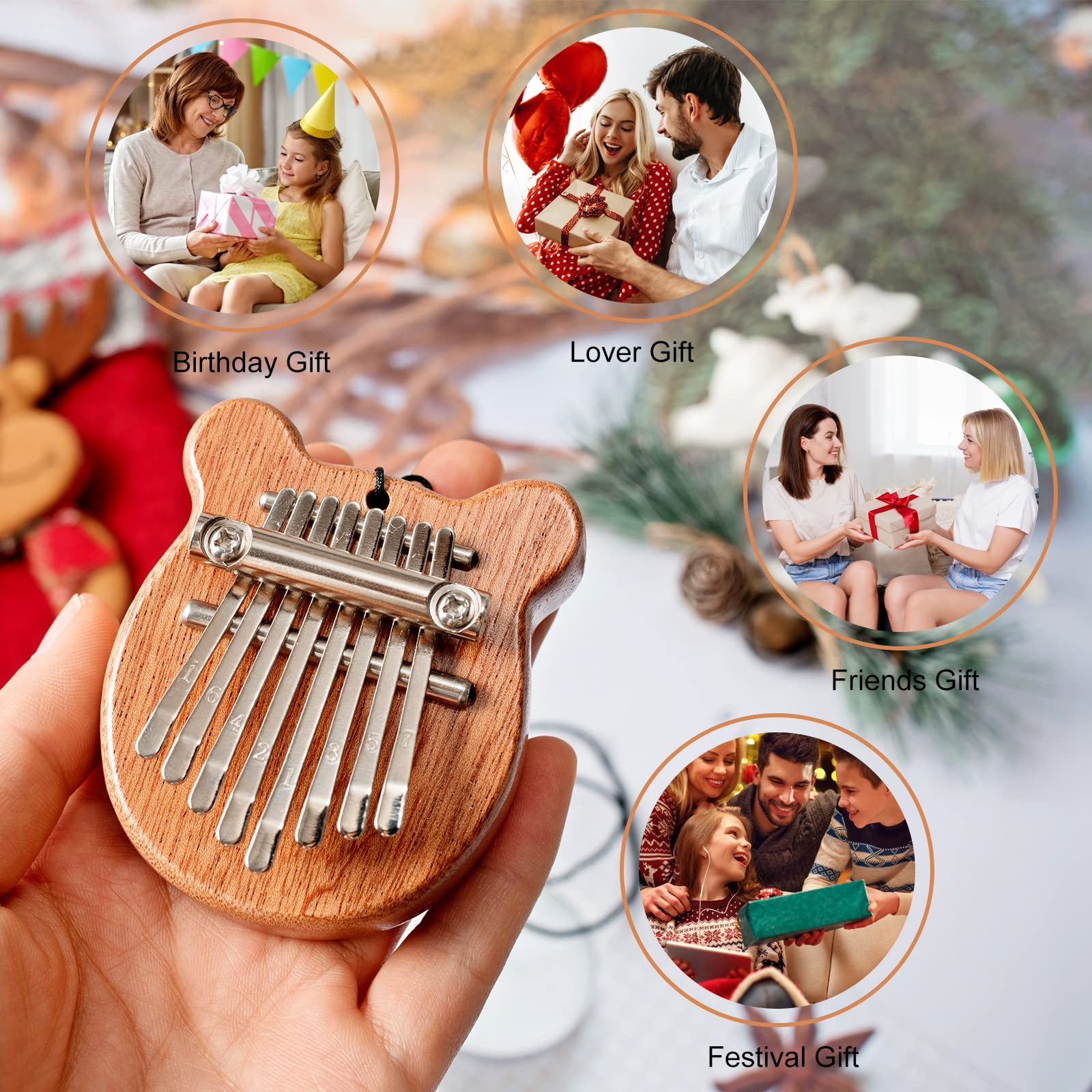 VIVP 8 Keys Mini Kalimba Thumb Piano Solid Wood Finger Piano Portable Marimba Musical Handmade Instruments Professional Mbira with Lanyard Good Accessory Pendant Gift Easy to Learn Christmas Gifts