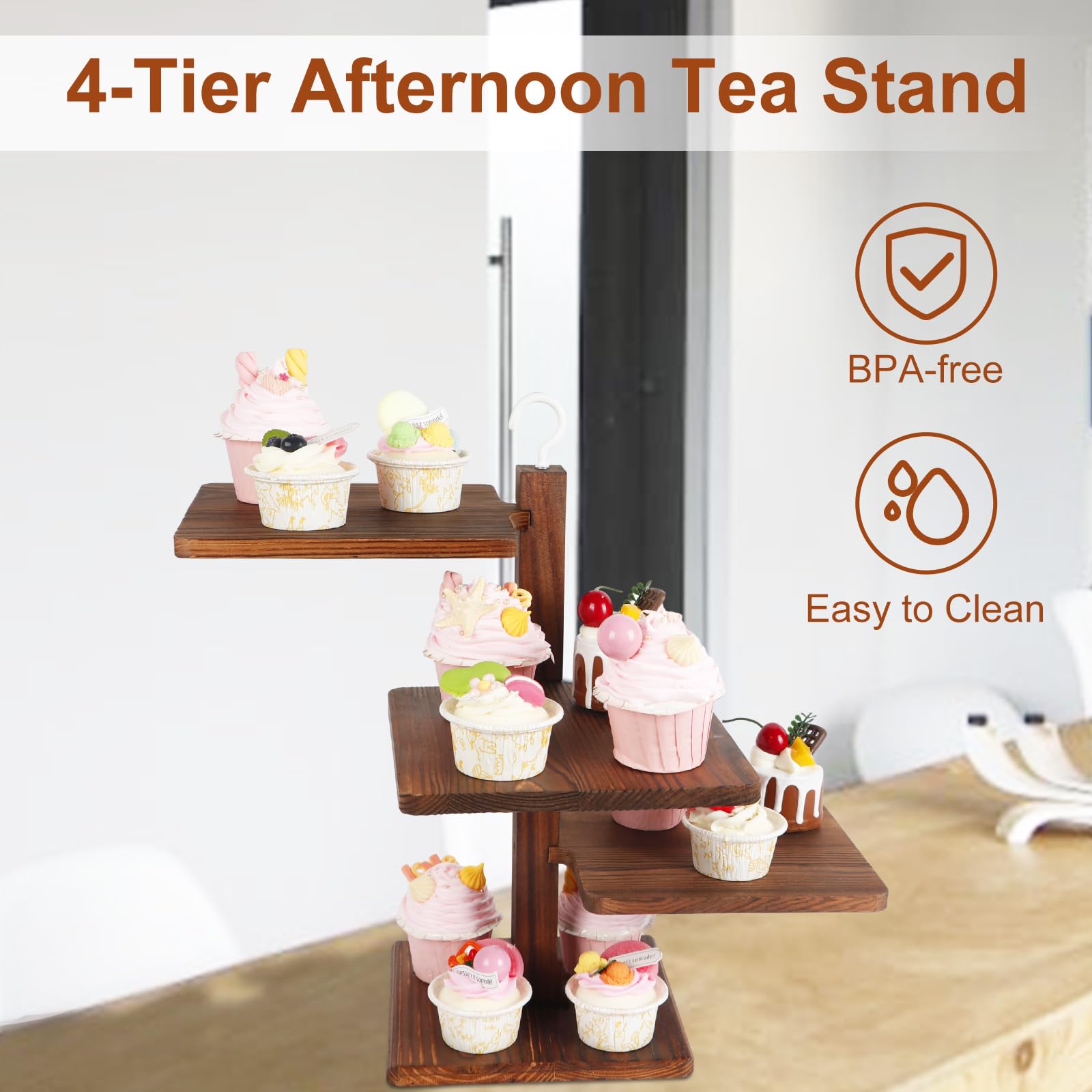 CYAOOI 4 Tier Cupcake Stand Wooden Tiered Serving Tray Cupcake Tower for 24 Cupcakes, Square Rustic Dessert Table Display Set Cake Display Stand for Birthday Graduation Baby Shower Tea Party