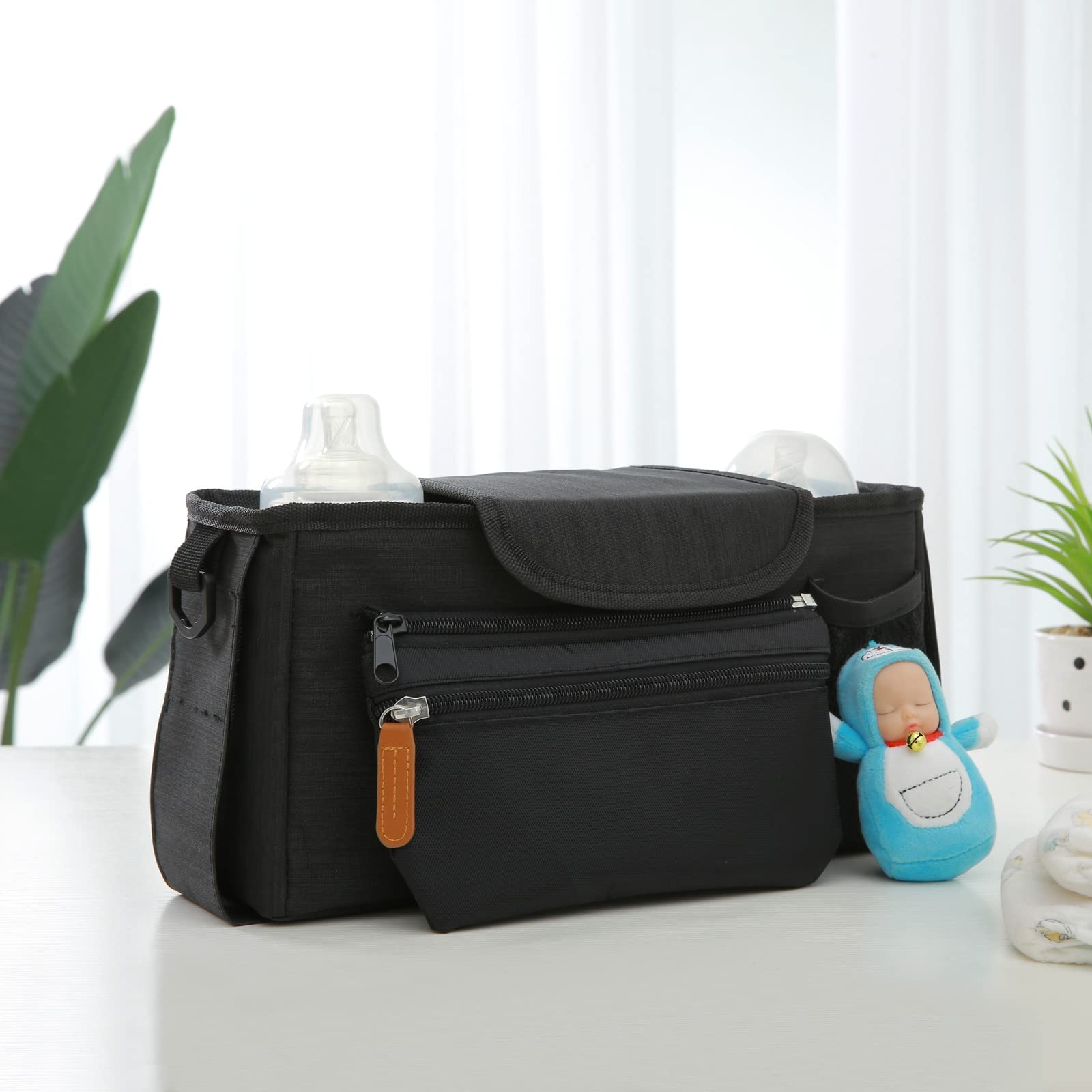 GOGOSO Baby Stroller Diaper Organizer Bag with Cup Holder, Universal Fit Most Strollers, Space for Diapers, Wipes & Toys, Black