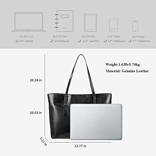 Kattee Vintage Genuine Leather Tote Shoulder Bag for Women Satchel Handbag with Top Handles (Black)
