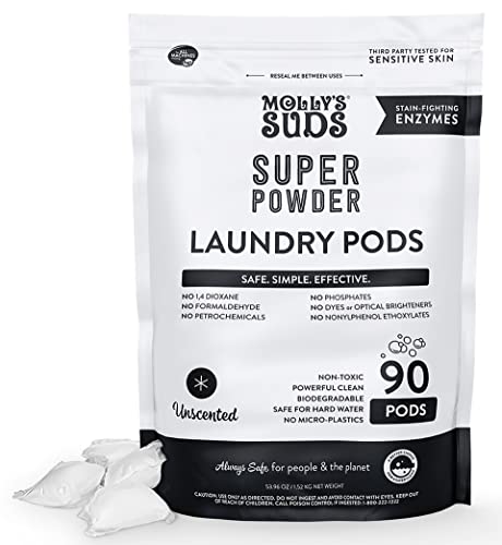 Molly's Suds Super Powder Laundry Detergent Pods | Natural Extra Strength Detergent for Sensitive Skin | Ultra Concentrated and Stain Fighting (Unscented - 90 Count)