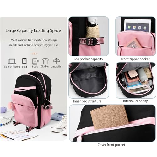 Cute Girls Student Backpack Fashion Laptop bag School Bookbag Travel Backpack with USB Charging Port and Headphone Port (Pink 1)