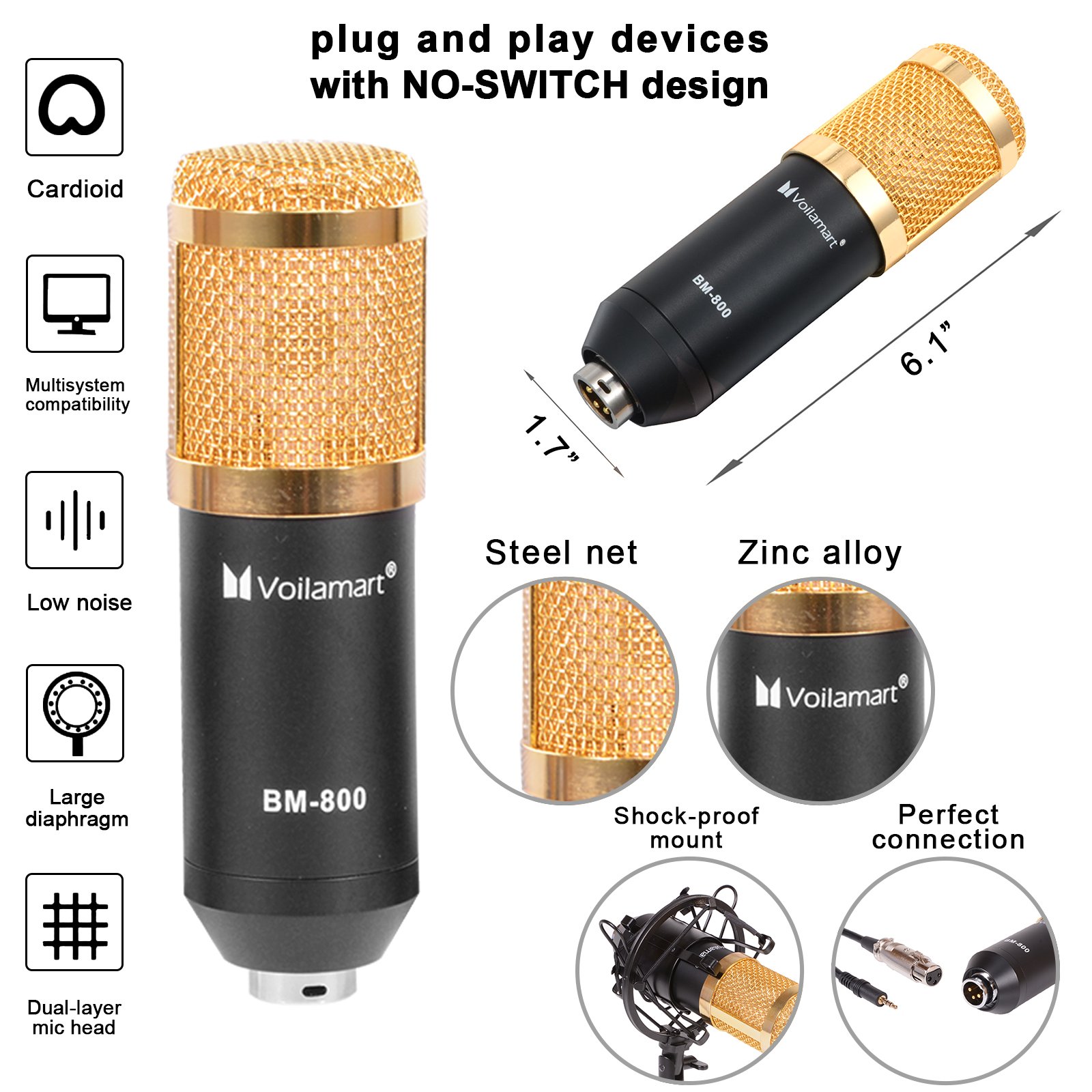 Voilamart USB Streaming Podcast Microphone, Condenser Microphone Set BM-800 with Adjustable Recording, Suspension Scissor Arm Stand, Shock Mount, Podcast Condenser Microphone for YouTube, Recording