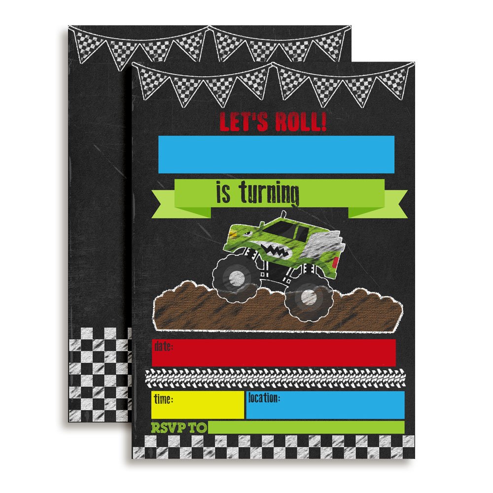 Monster Truck Chalkboard Birthday Party Invitations, 20 5x7 Fill In Cards with Twenty White Envelopes by AmandaCreation