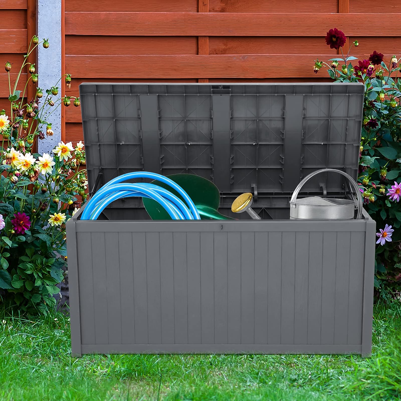 EPOFIT 113 Gallon Resin Deck Box, Waterproof Outdoor Storage Box with Lockable Lid and Handles, Large Deck Storage for Outdoor Gear, Patio Furniture Cushion, Gardening Tools, Grey