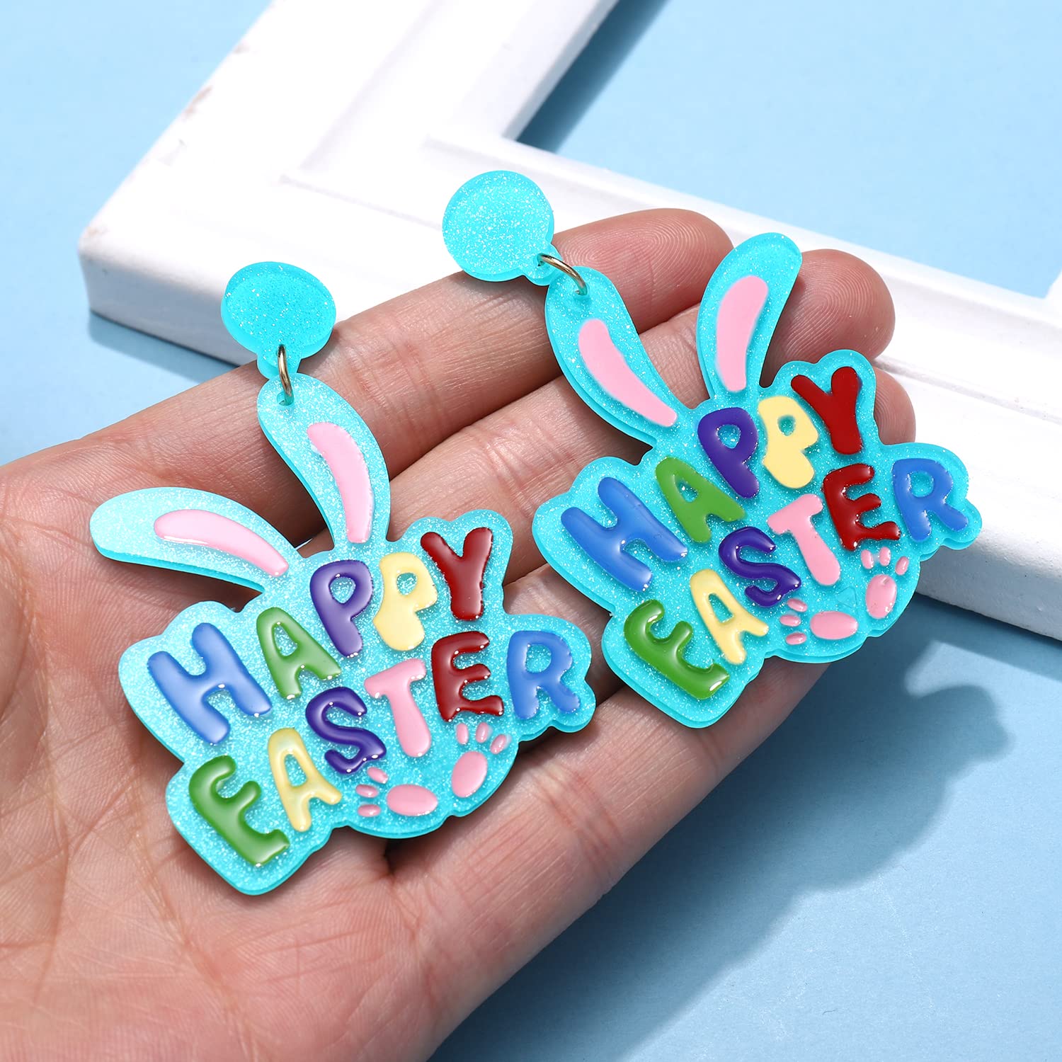 Easter Earrings For Women Easter Bunny Earrings Resin Easter Drop Dangle Earring Colorful Enamel Cute Easter Holiday Party Jewelry Gift (B-Blue)