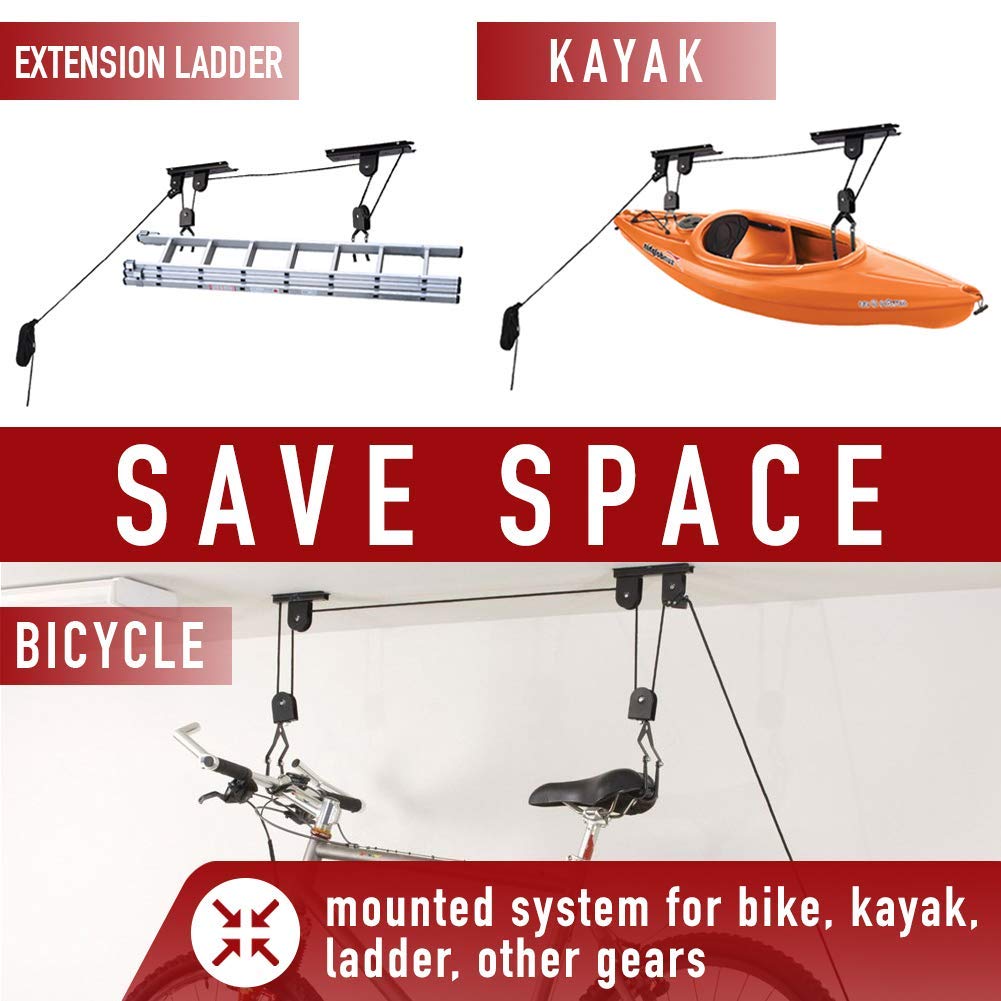 Comfecto Bike Ceiling Mount Lift Heavy Duty 50lbs Kayak Hoist Adjustable Hanging Garage Pulley Storage System Hanger Rack with Hooks for Bicycle Kayak Ladder