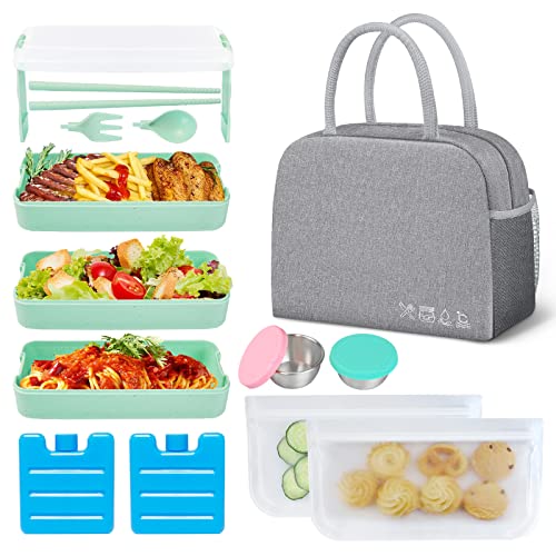 KUBYA Bento Lunch Box Set,Stackable Lunch Container Leak-Proof 3-In-1 Compartment With Ice Packs, Reusable Lunch Bag, Food Bags, Sauce Cups, Lunch Box Microwave Freezer Safe(GREY)