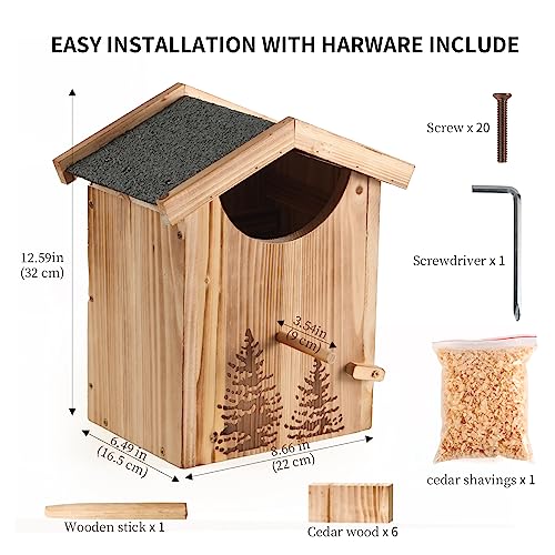 Owl House Barn Owl Box Screech Owl House with Bird Stand Great Horned Owl Box Bird Houses for Outside Large Handmade Wooden Rectangular Opening Bird Box,with Mounting Screws, Easy Assembly