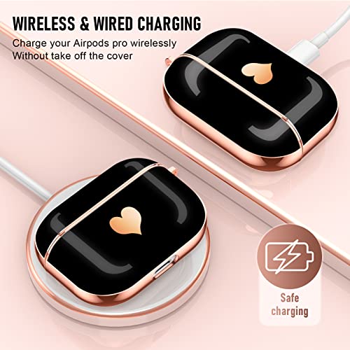 Maxjoy Airpods Pro case Cover,Cute Electroplating with Gold Heart Pattern with Lanyard Shockproof Cover for Girls Woman Airpods Pro case-Black