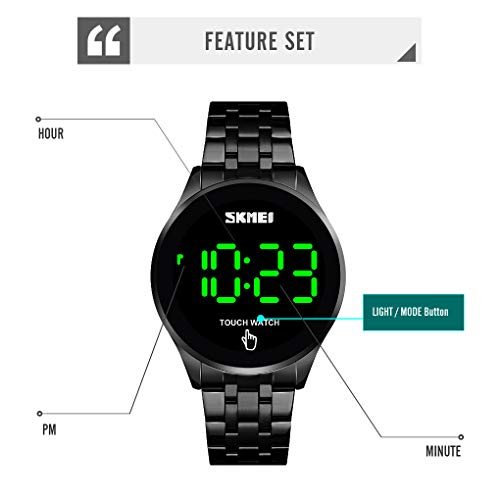 PASOY Touch Screen Digital LED Watch Green Highlight Backlight Stainless Steel WatchBand Waterproof Casual Sport Mens Womens Boys Watch (Gold)