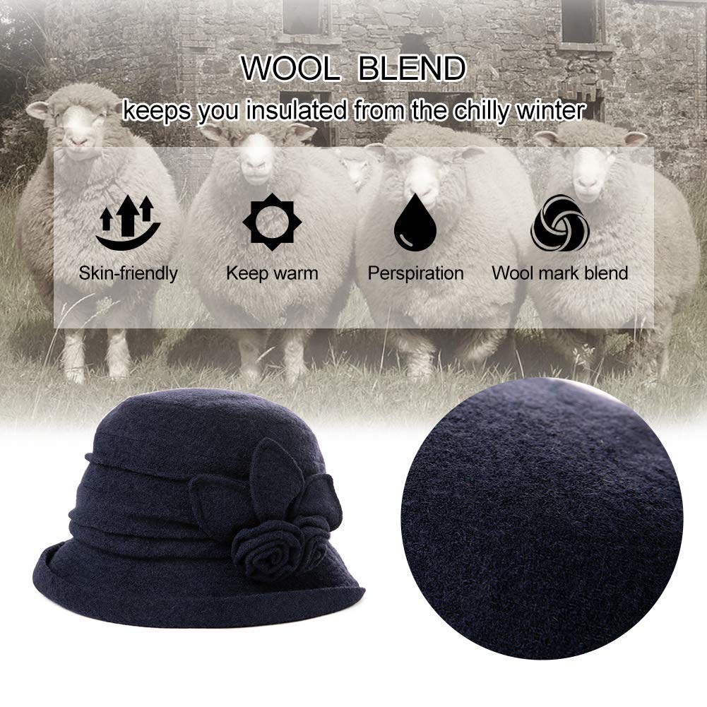 Comhats Womens Vintage Wool Felt Cloche Bucket Hat Winter Packable 1920s Fedora Bowler Church Derby Party Medium Black