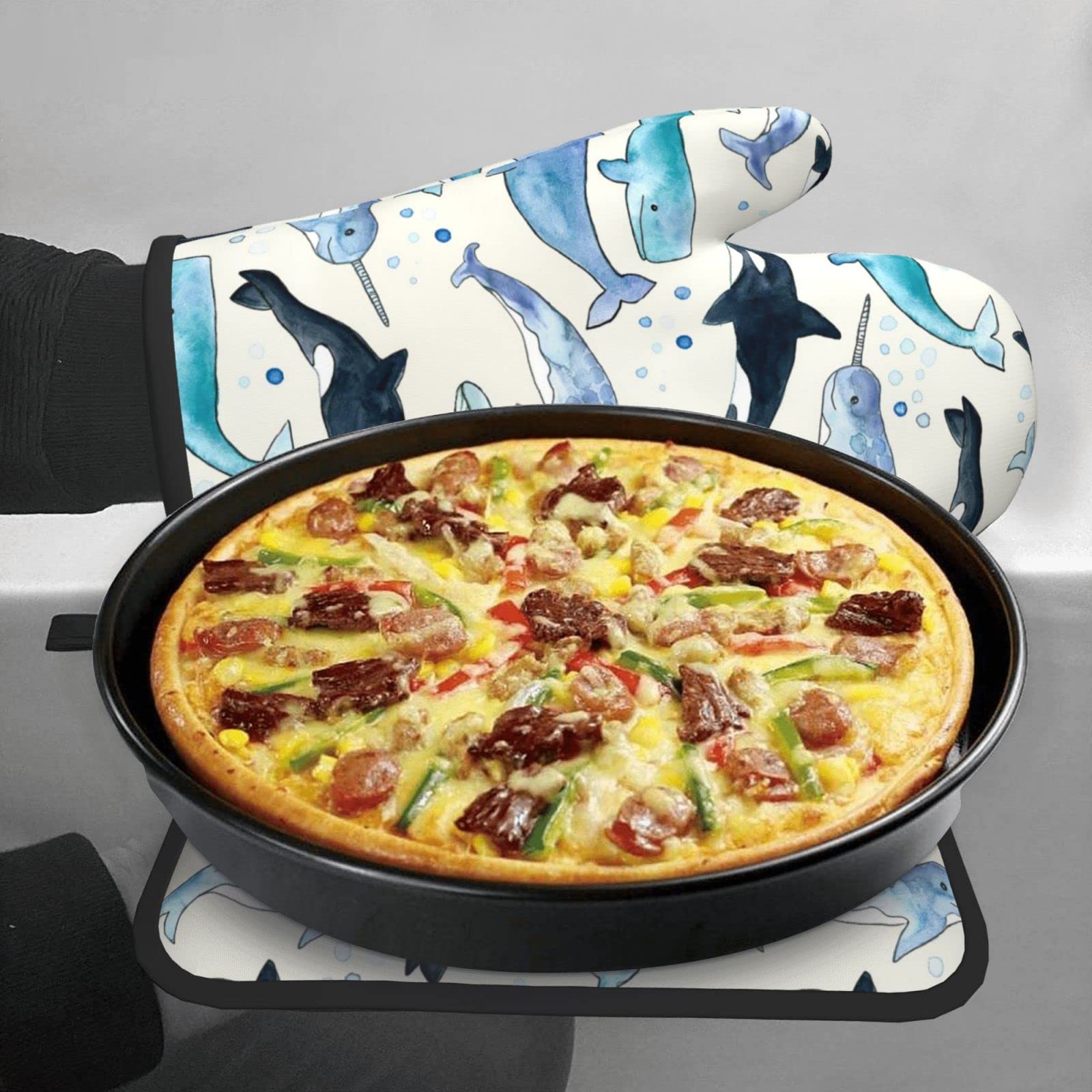 Cute Whale Oven Mitts and Pot Holders Sets of 2, Non-Slip Cooking Hot Pads Washable Heat Resistant for Kitchen Microwave BBQ Baking Grilling