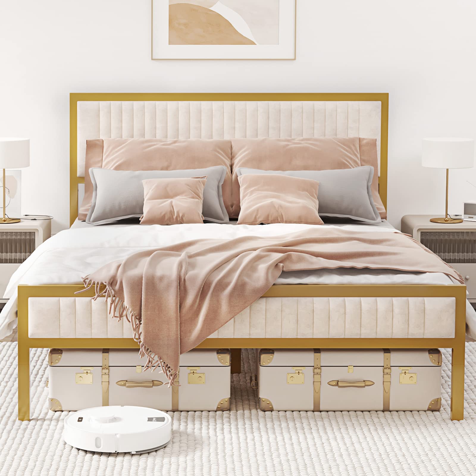 CIKUNASI Gold King Bed Frame, Upholstered Bed Frame with Velvet Headboard Footboard Heavy Duty Bed Frame with LED Lights/No Box Spring Needed/Easy Assembly