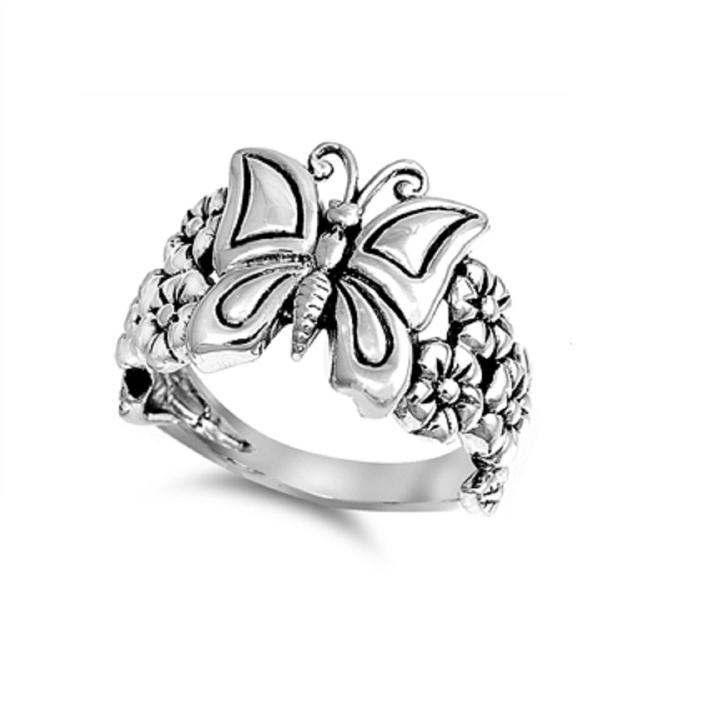 CloseoutWarehouse 925 Sterling Silver Butterfly Flower Forever Ring Size 8
