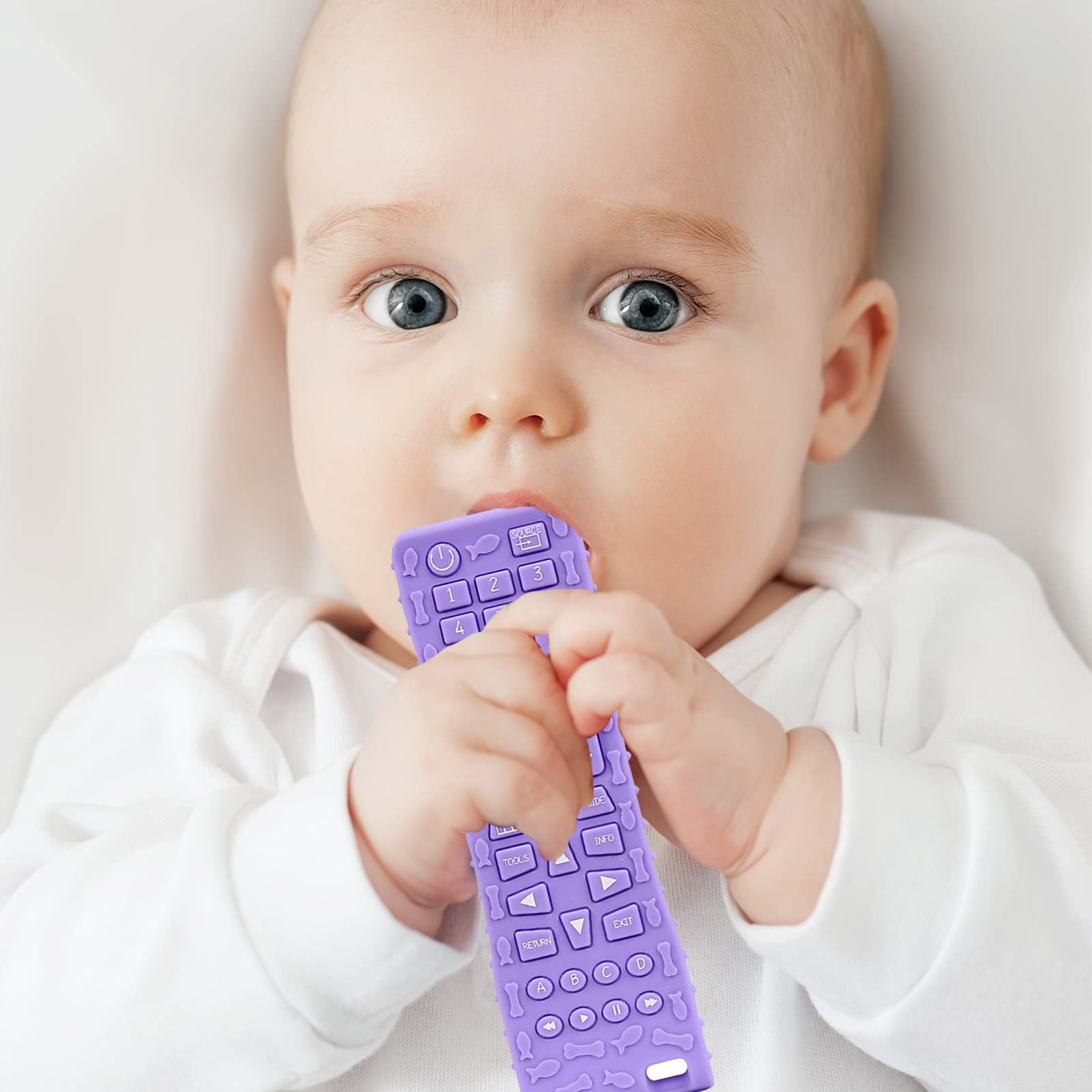 FATEORT 2-Pack Baby Teething Toys for 0-3-6-12 Months,Pressable Remote Control Chew Toys for Babies 0 3 6 9 12 18 Months (Red + Purple)