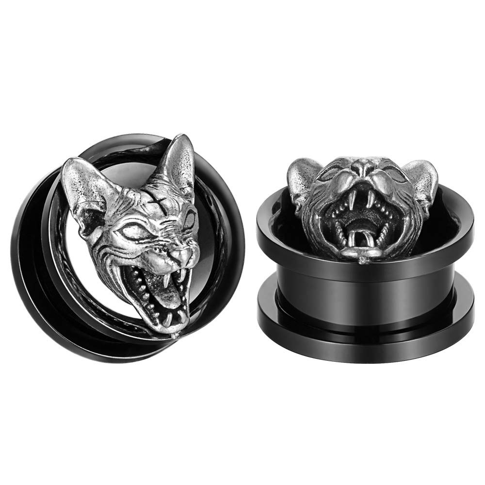 COOEAR 1 Pair Stainless Steel Cat Logo Ear Gauges Black screw Tunnels for Ears Piercing Ear Plugs.