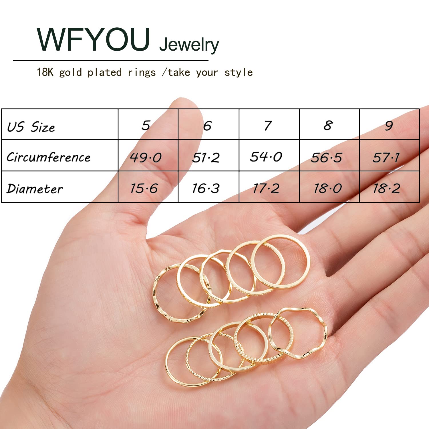 WFYOU 10 Pcs 1-2mm 18K Gold Plated Simple Rings for Women Band Knuckle Stacking Midi Rings Elegant Classic Minimalist Rings Comfort Fit