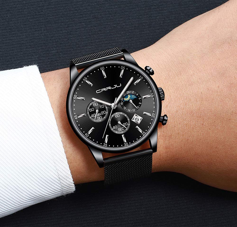CRRJU Men Watch,Men Luxury Waterproof Unique Designed Watches 3-Sub Dial Date Mens Mesh Band Stopwatches