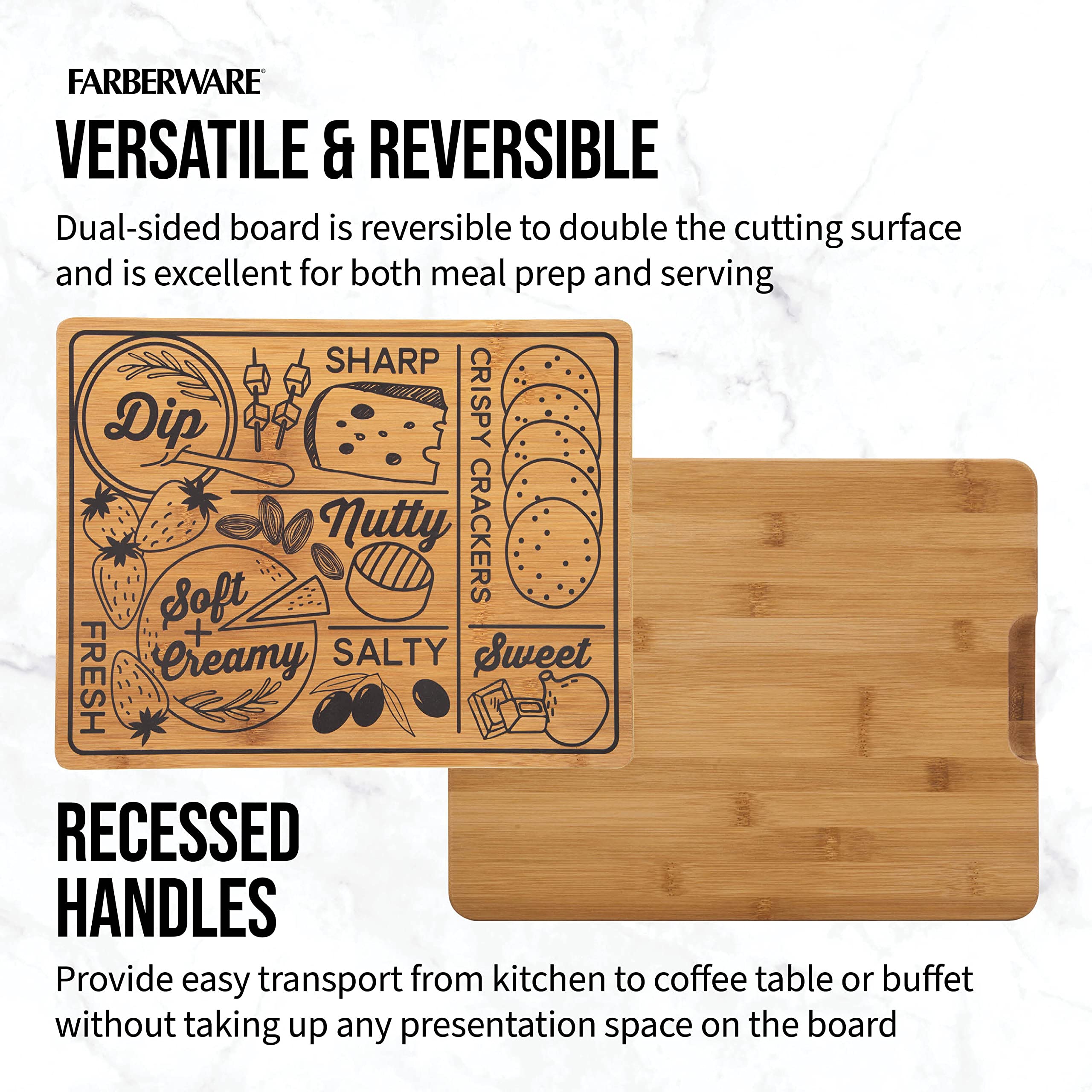 Farberware Charcuterie Board with Recessed Handles, Reversible Kitchen Cutting Board for Entertaining and Meal Prep, Decorative Wood Cheese Board, 11-inch x 14-Inch, Bamboo