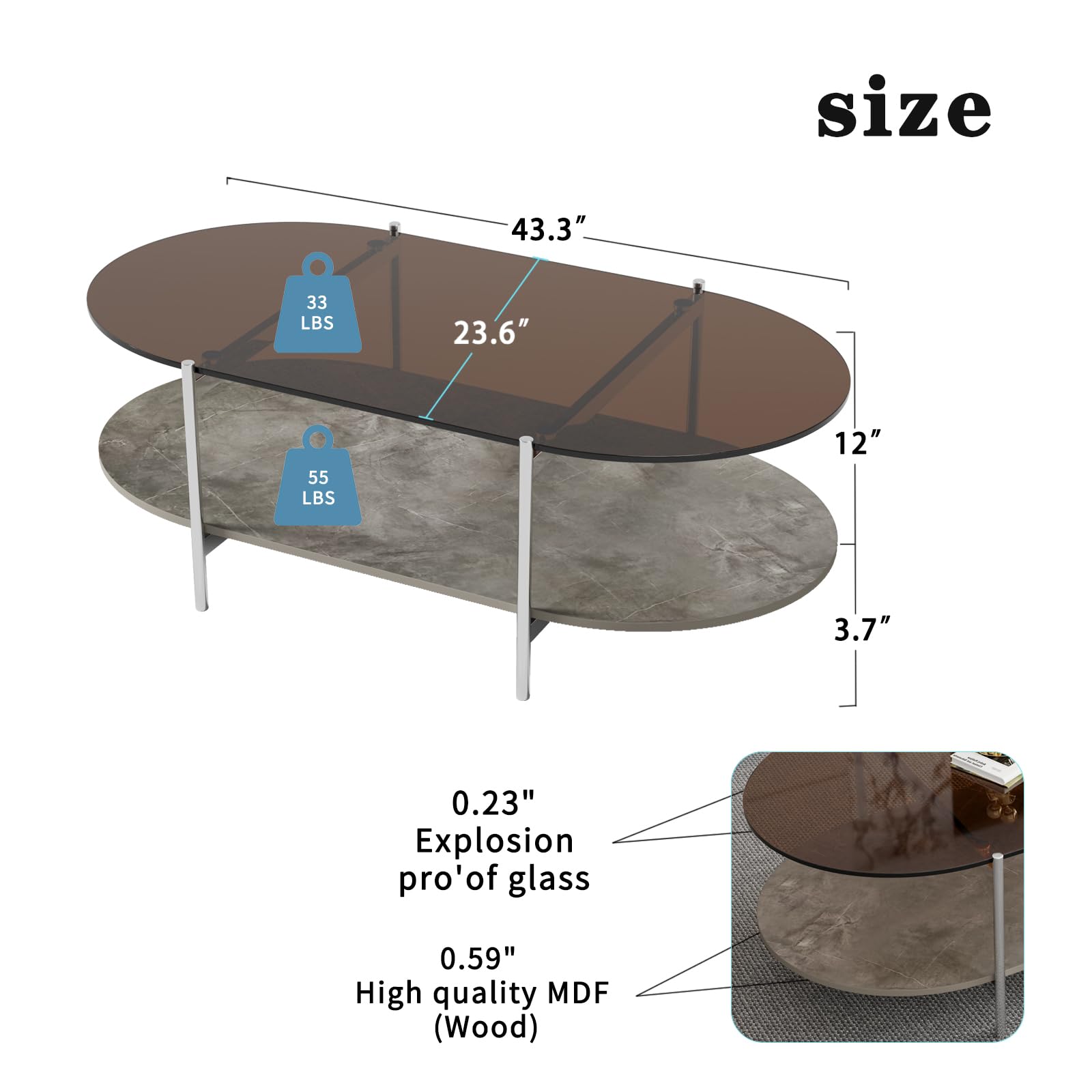 jiexi Tempered Glass & MDF Wood Coffee Table, 2-Tier Modern Side Table with Storage Space, Center Table for Home, Office, Living Room