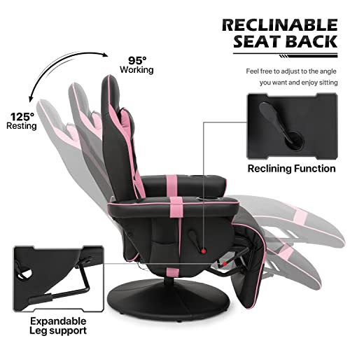 MoNiBloom Massage Gaming Recliner Chair with 2 Speakers Ergonomic Game Chair Neck Support and Widened Armrests with Built-in Cup Holders, Tilt & Swivel Comfortable Gaming Chair with Storage Bag, Pink