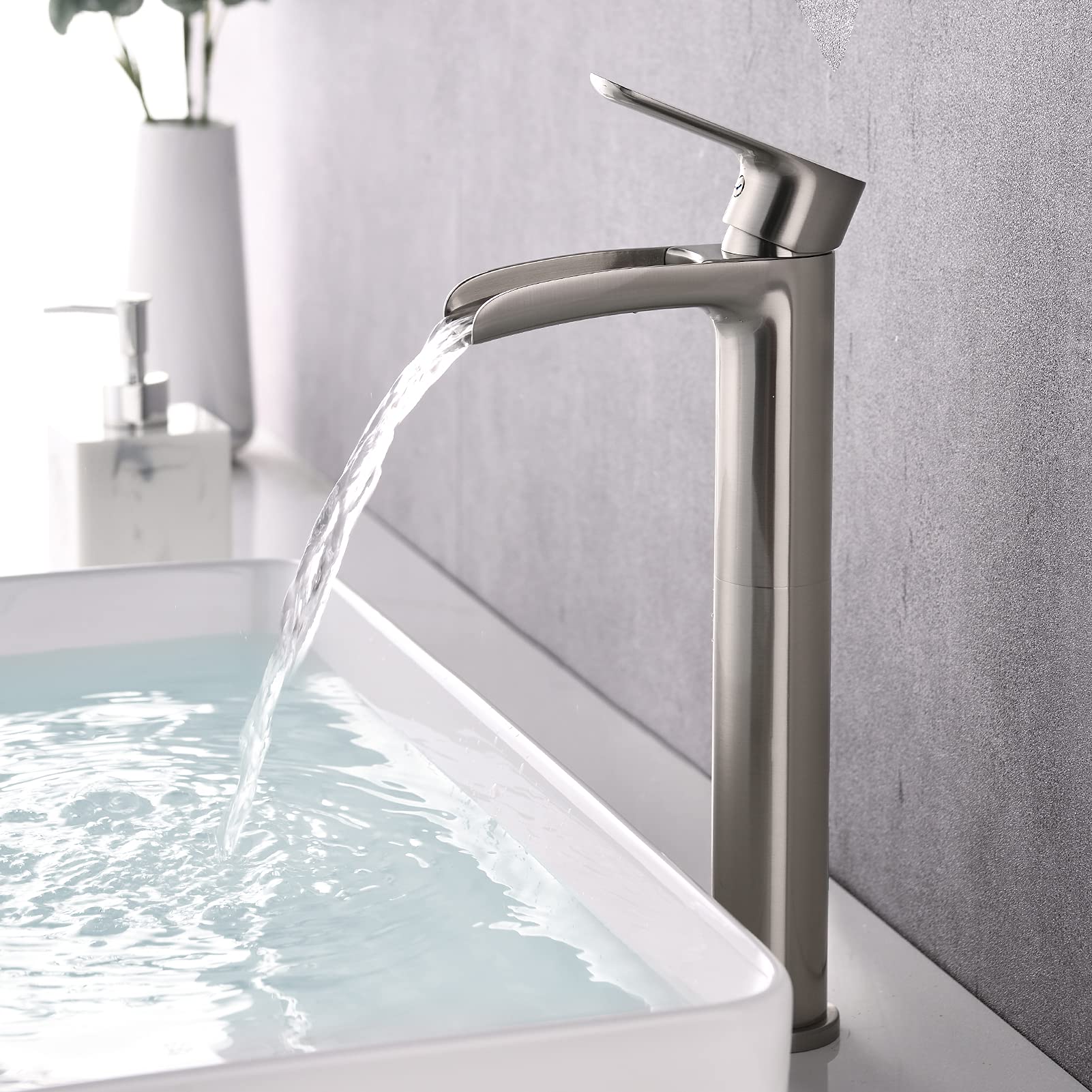 NEWATER Waterfall Spout Tall Vessel Bathroom Sink Faucet,Basin Mixer Tap Single Handle One Hole Brushed Nickel