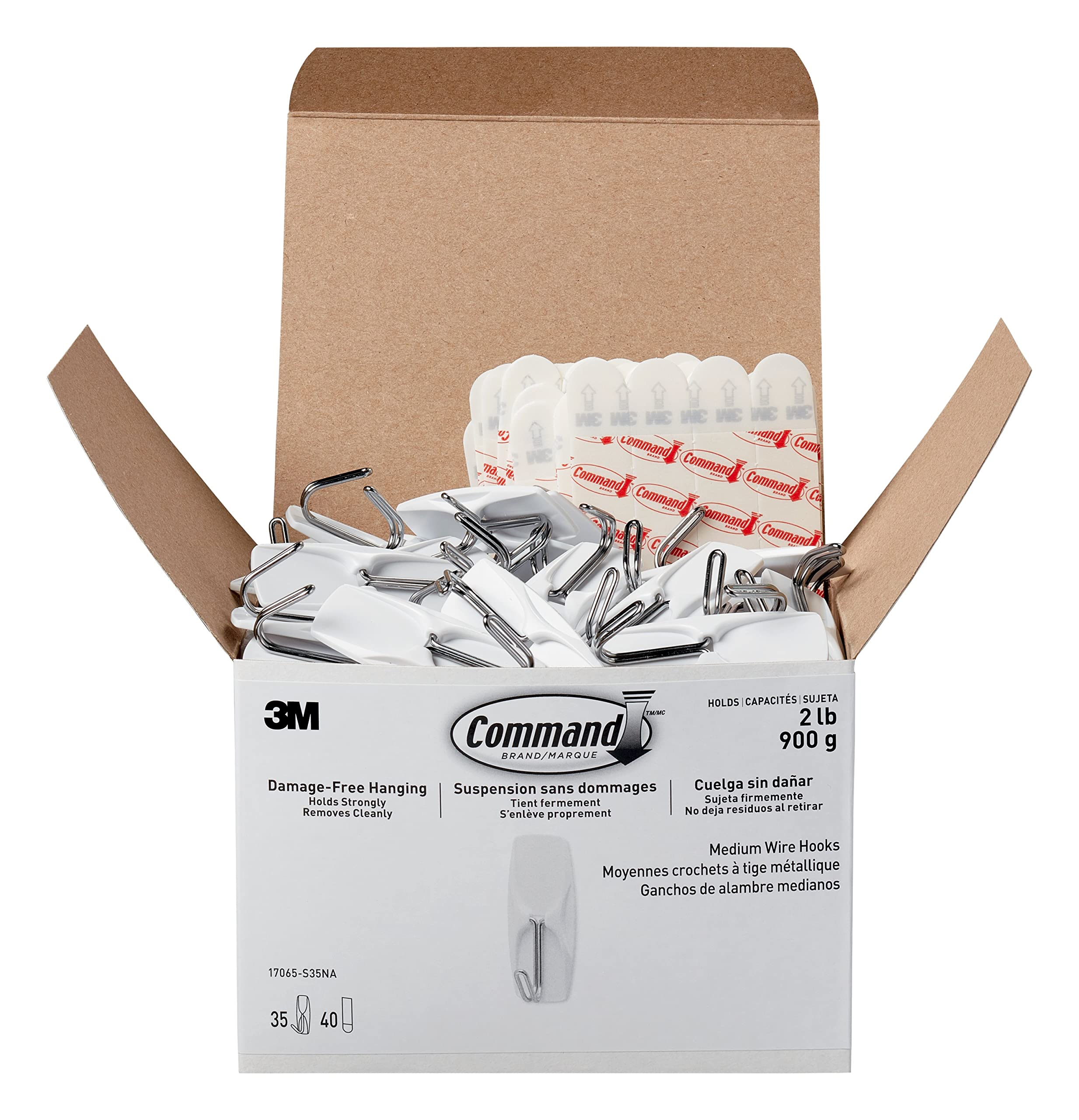 Command Medium Wire Toggle Hooks, Damage Free Hanging Wall Hooks with Adhesive Strips, No Tools Wall Hooks for Hanging Back to School Dorm Organizers, 35 White Hooks and 40 Command Strips
