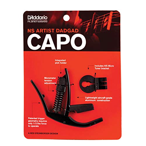D'Addario Accessories Guitar Capo - NS Artist Dadgad - Simulates dadgad Tuning - Single Hand Use – Integrated Pick Holder and NS Micro Tuner Mounting Bracket - Black
