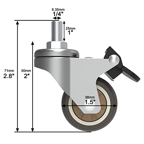 OK5STAR 1.5" Mini Caster Wheels with Brakes, 1/4"-20x1" Threaded Stem Low Profile TPR Castors Quiet Rolling for Small Cart Trolley Dolly Workbench Furniture Set of 4(fit 6mm to 6.35mm)