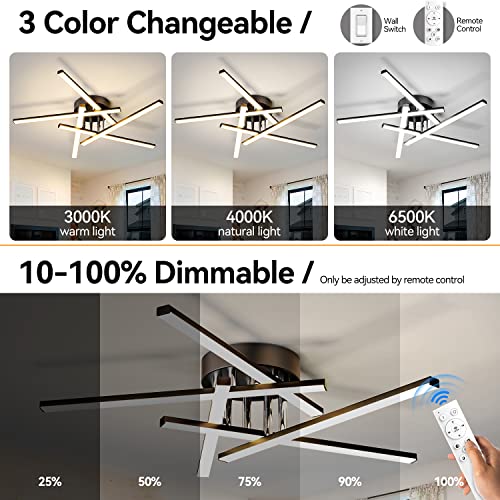 JFHTNFJ 42w Modern Sputnik Ceiling Light Fixture LED Dimmable with Remote Control Ceiling Lighting Black Flush Mount Chandelier Ceiling Lamp for Bedroom Study Kitchen Living Room