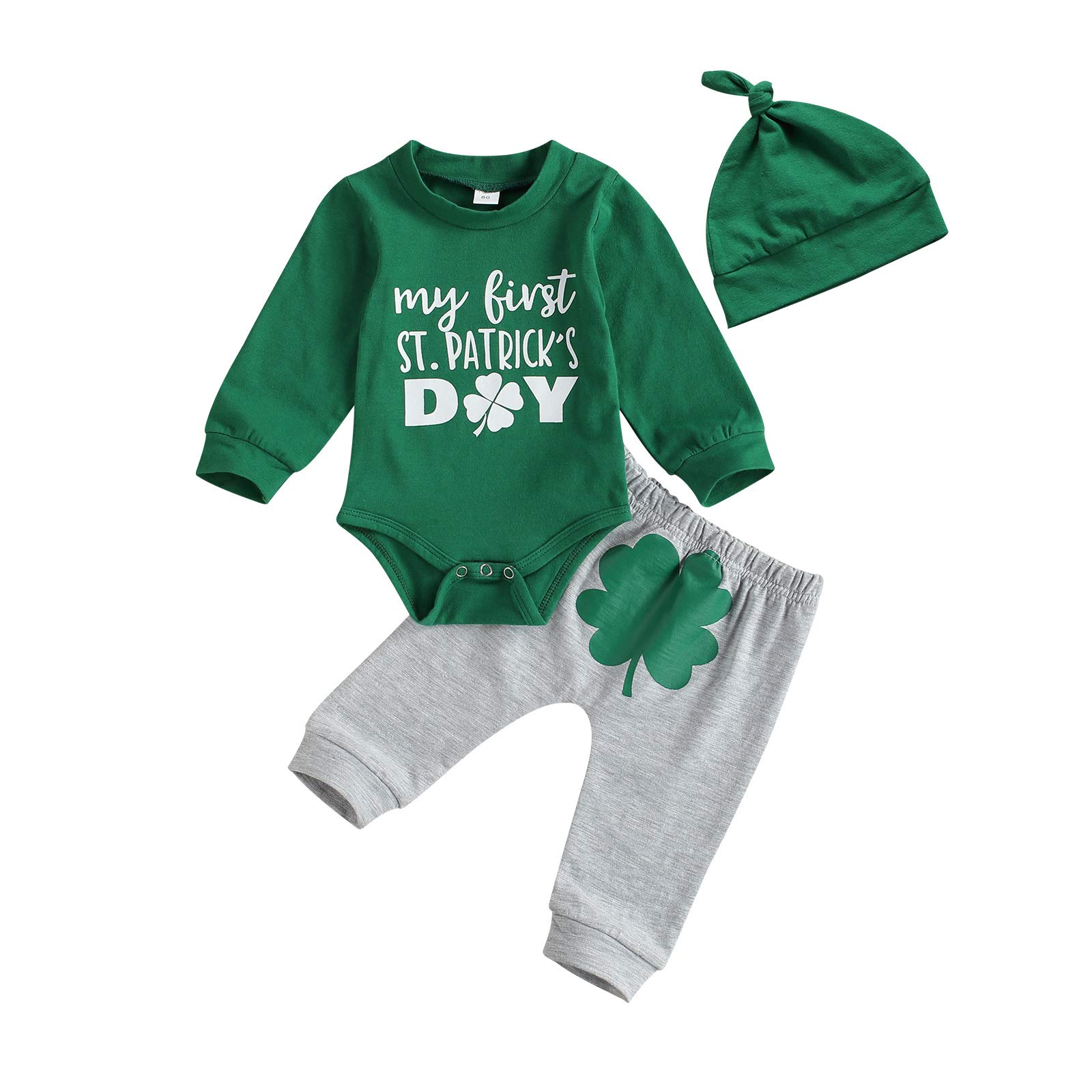 Newborn Baby Boys My First St. Patrick's Day Outfits Green Long Sleeve Romper Clover Print Trousers Hat 3Pcs Set (1#Green, 6-12 Months)