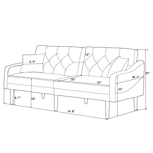 KoiHome Velvet Futon Bed with Adjustable for Backrest, Sleeper Sofa with Two Pillows, Modern Couch with Handrail and Wood Legs, Upholstered Loveseat for Living, Bedroom,Office,Waiting Room, Grey