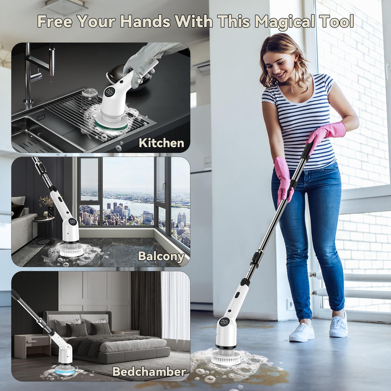 Electric Spin Scrubber - IMAXTOP Cordless Cleaning Brush with 8 Replaceable Heads, Shower Cleaner with Long Handle, Bathroom, Grout, Tub, Floor, Kitchen Cleaner
