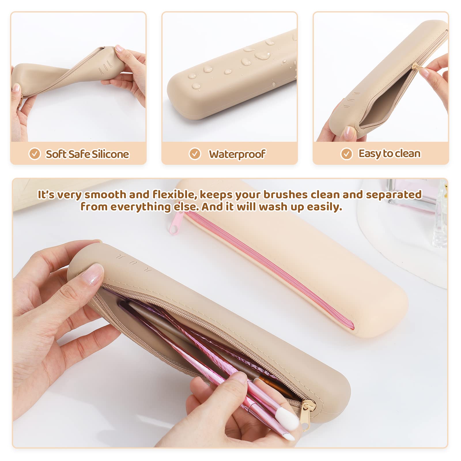 GOLIKEE Travel Makeup Brush Holder, Silicon Cosmetic Brush Bag Case with Zipper, Brushes No Fall Out, Soft and Portable Make Up Pouch Organizer for Travel