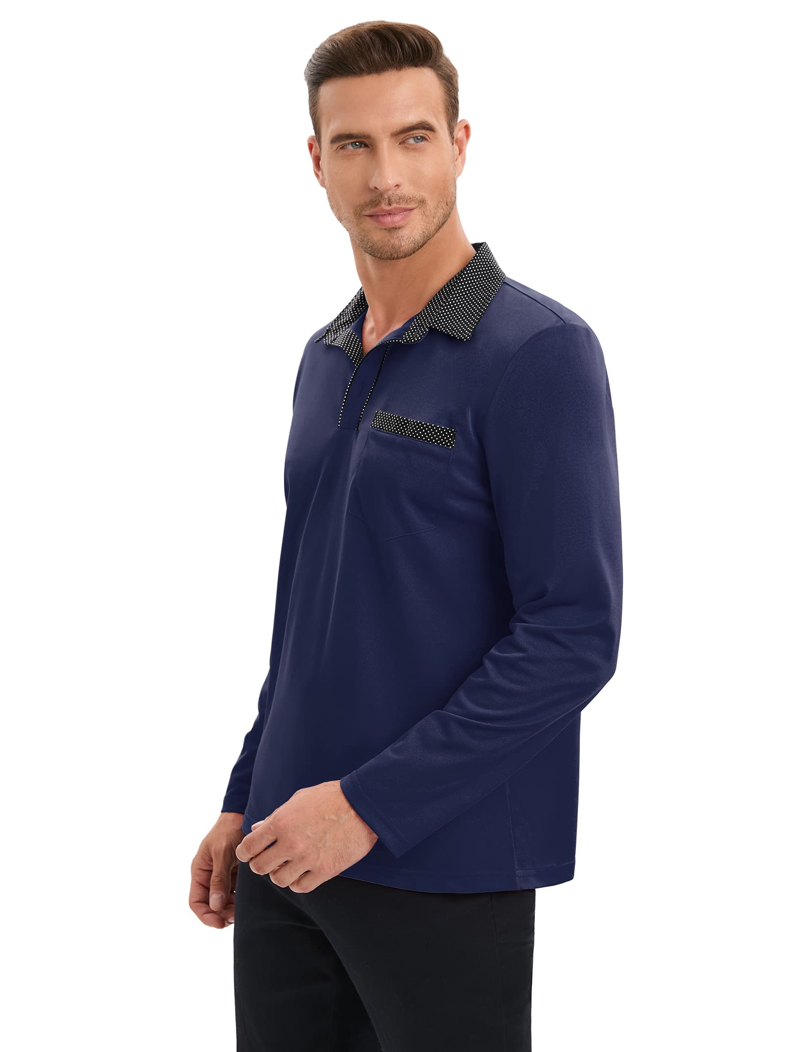 EliteSpirit Mens Long Sleeve Polo Shirts Casual Polka Dot Collared Golf Shirt with Pockets Navy Blue XL