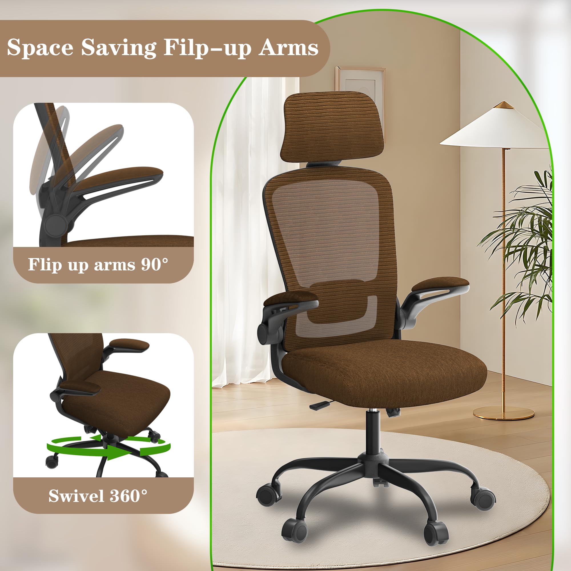 Ergonomic Mesh Home Office Chair | High Back Computer Desk Chair with Adjustable Lumbar Support & Headrest | Swivel Task Chair with Flip-Up Armrests for Home & Office (Classic, Black)