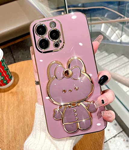 for iPhone 14 Pro Max Case for Women Girls,6D Cute Hidden Rabbit Bunny Stand Mirror Design,Luxury Plating Glitter Soft Silicone Makeup Girly Phone Case with Camera Cover for iPhone 14 Promax Purple
