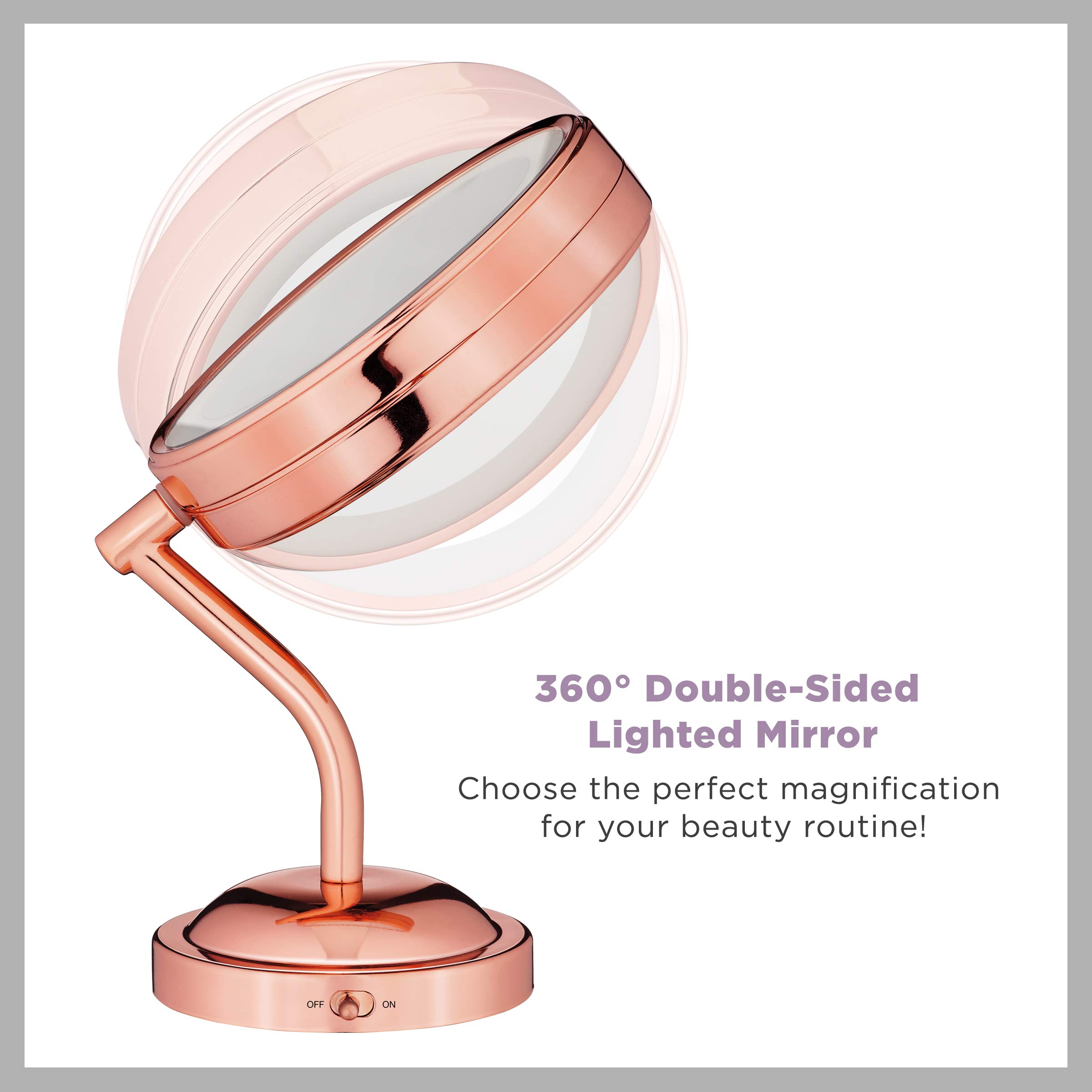 Conair Lighted Makeup-Mirror with Magnification, LED Vanity-Mirror, 1X/5X Magnifying-Mirror, Double Sided-Mirror, Operated in-Battery Rose Gold
