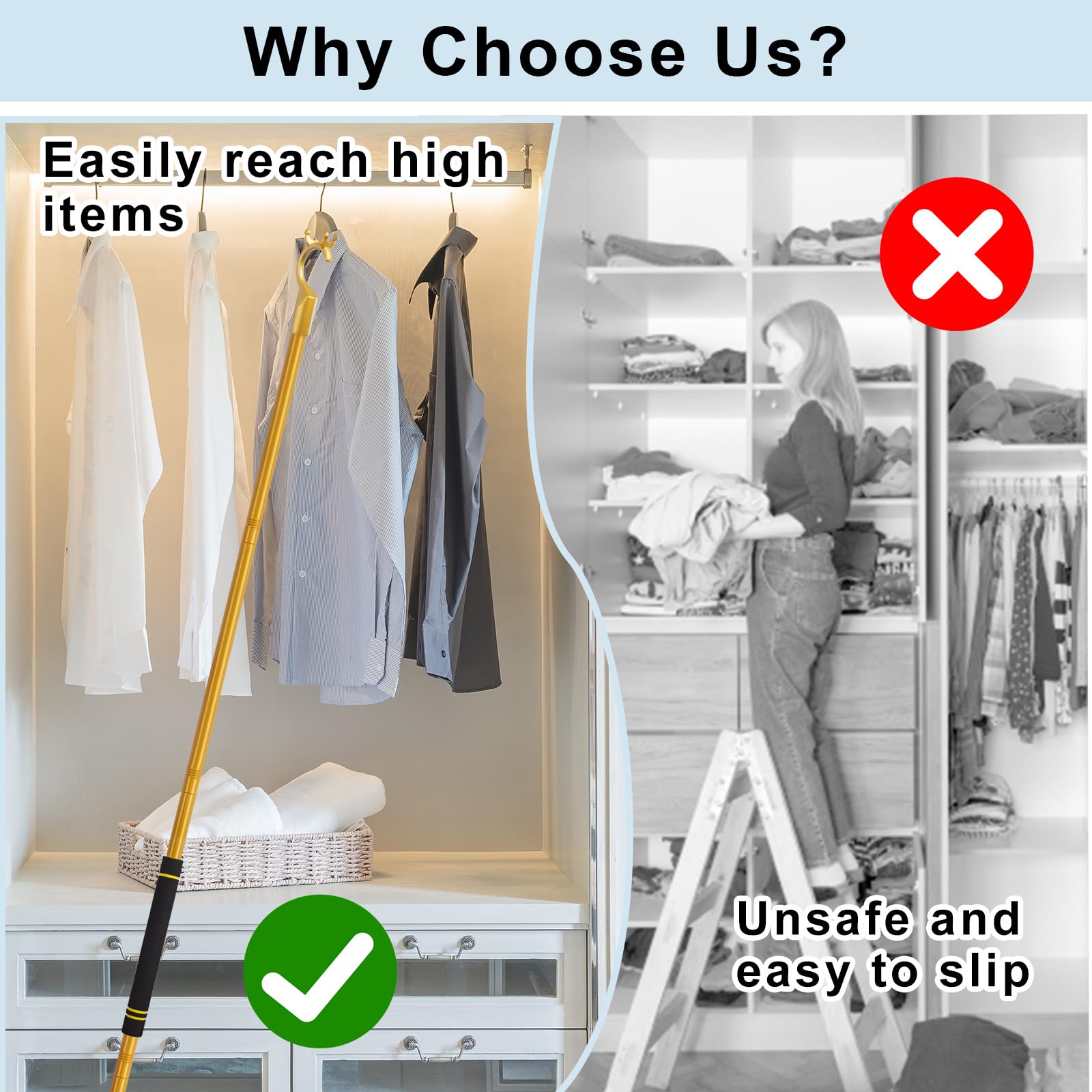 Greeily Clothes Hanger Reaching Hook, Garment Hook Reach Pole for Hanging Clothes Closet Bird Feeders Plants and Christmas Light Extendable from 31" to 61" with Sponge Handle (Yellow Hook)